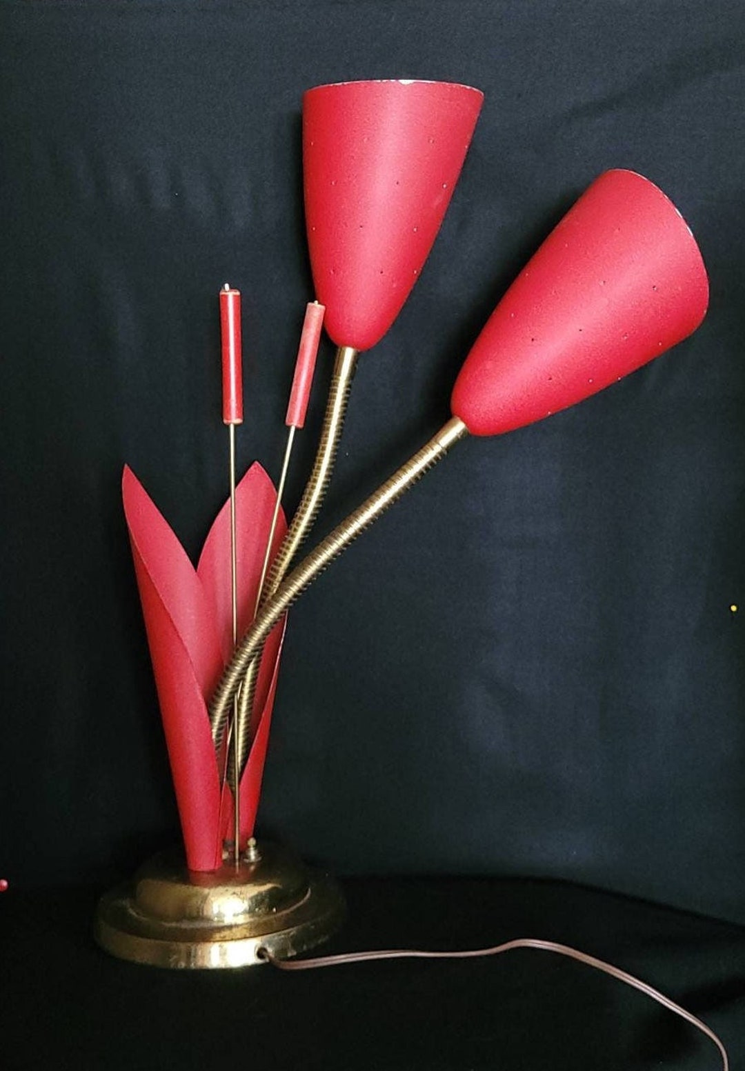 1950 Red Laurel Cattail Lamp/ Mid Century Double Gooseneck Cattail Lamp ...
