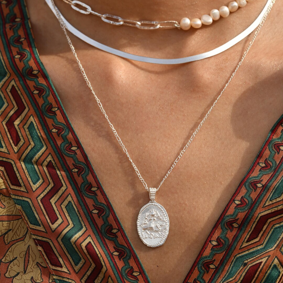 Durga Pendant - Oval Goddess Pendant - Silver Oval Coin Necklace ...