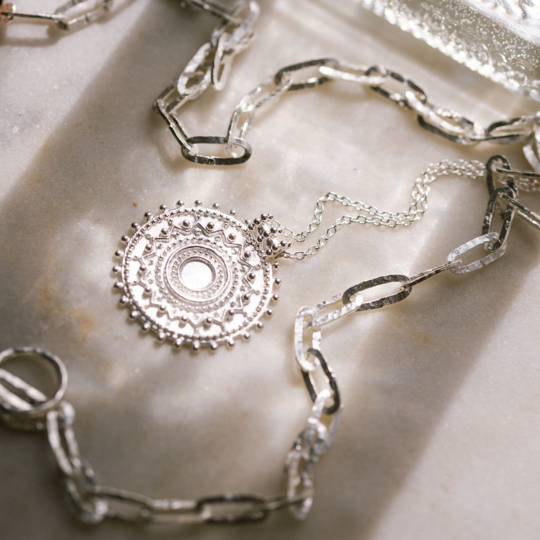 Long Silver Coin Layering Necklace - Large Boho Coin Pendant - Sun ...