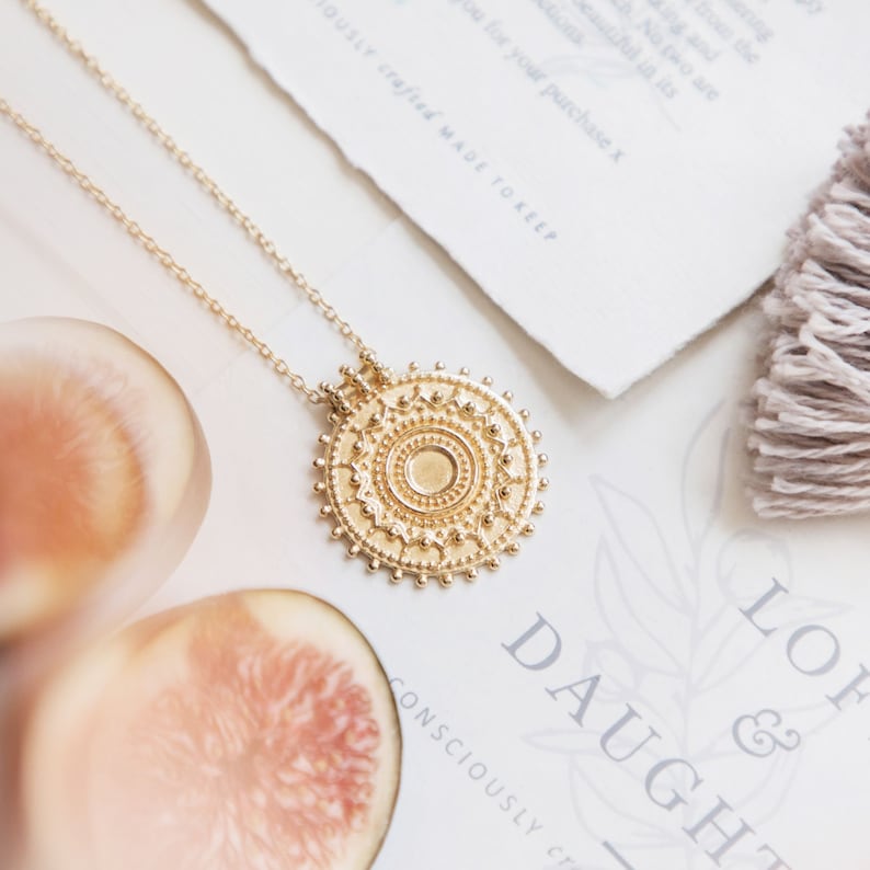 Gold Vermeil Sun Medallion Coin Necklace Boho Mandala Coin - Etsy