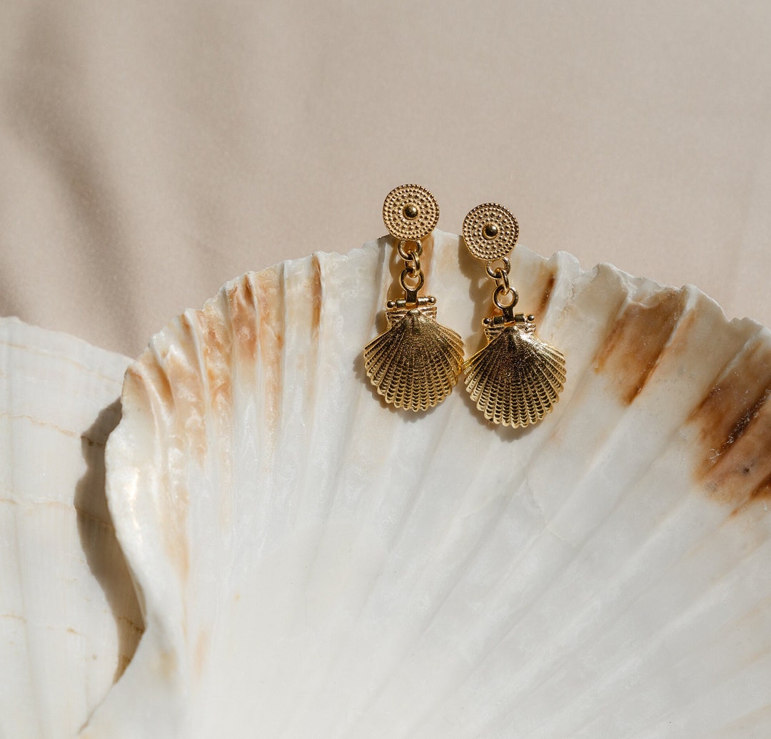 Gold Vermeil Shell Earrings - Drop Shell Earrings - Scallop Earrings ...
