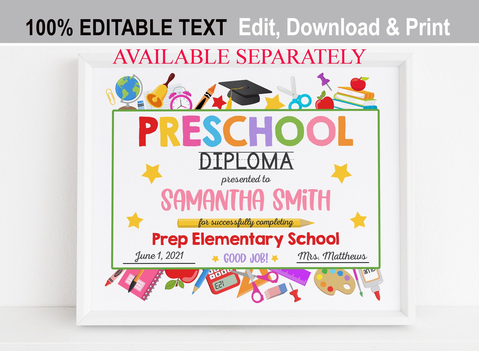 EDITABLE Preschool Graduation Diploma Printable, Kids Personalized ...