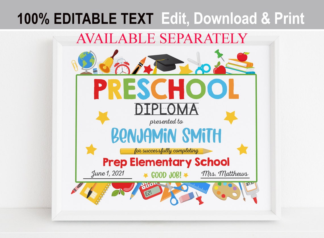 EDITABLE Preschool Graduation Diploma Printable, Kids Personalized ...