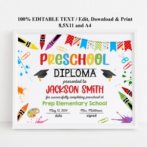 EDITABLE Preschool Diploma Printable, Kids Preschool Graduation ...