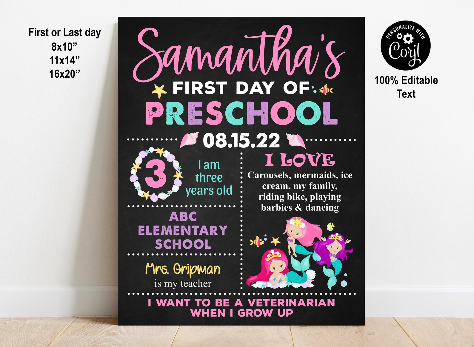 EDITABLE Mermaid First or Last Day of School Chalkboard Sign Printable ...