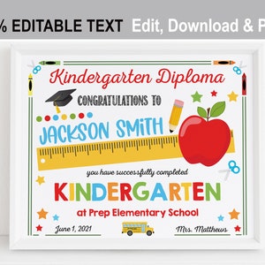 EDITABLE Kindergarten Graduation Diploma Printable | Etsy Canada
