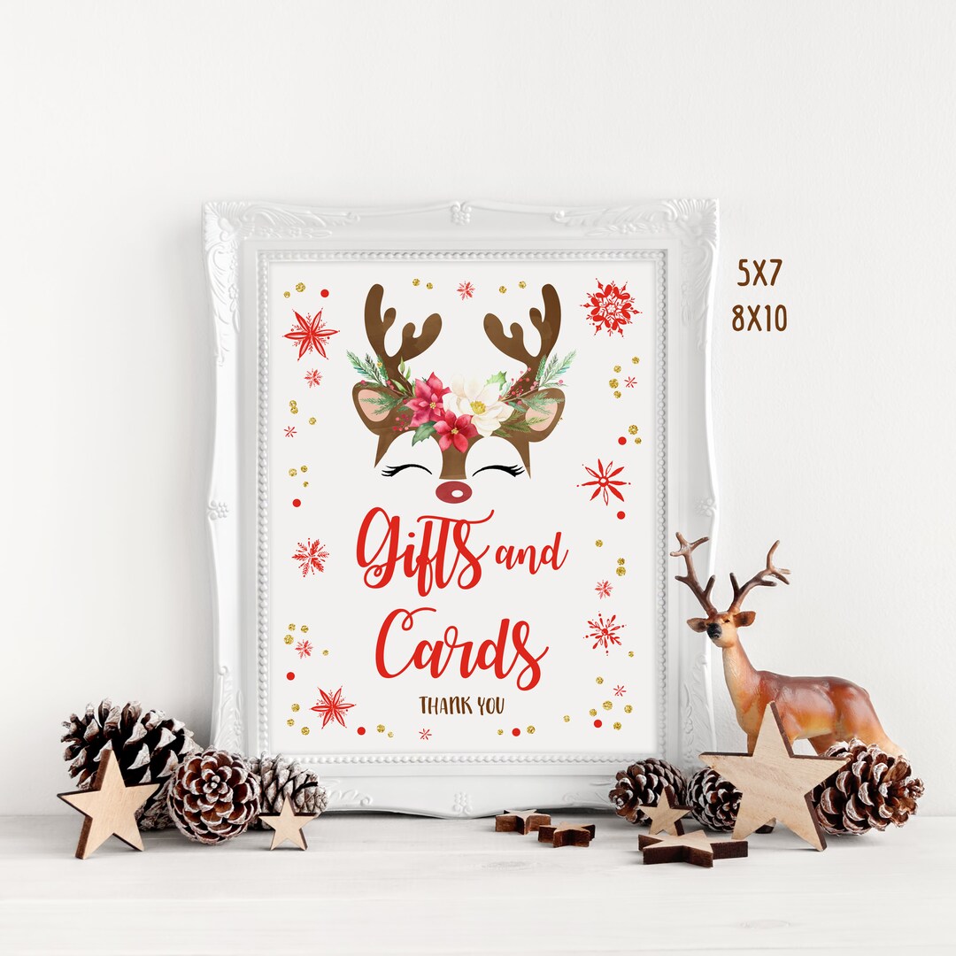 Cards and Gifts Sign Printable, Girl Reindeer Birthday Party Table Sign ...