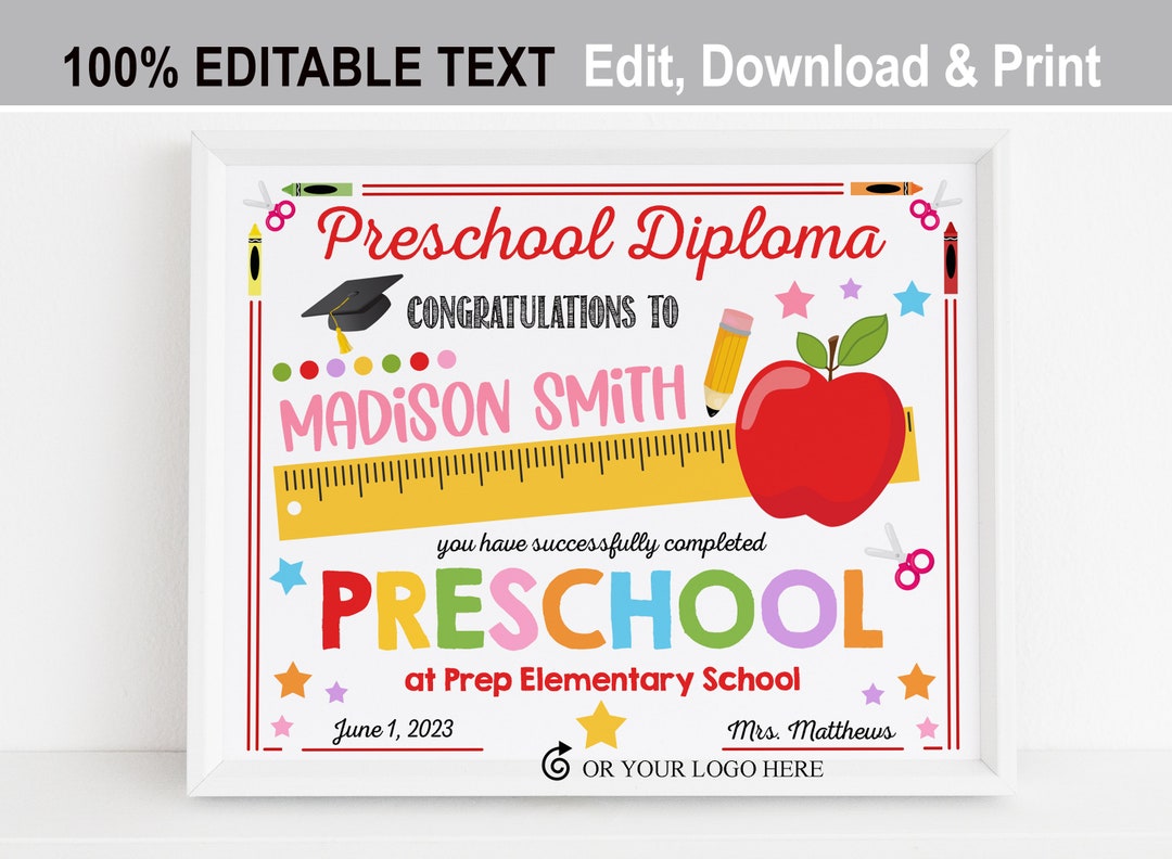 EDITABLE Preschool Graduation Diploma Printable, Girl Personalized ...