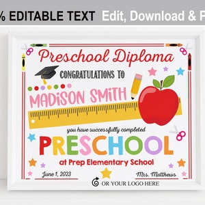EDITABLE Preschool Graduation Diploma Printable, Girl Personalized ...