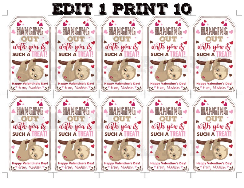 Sloth Valentine's Day Tag Printable, Smores Valentines Tag, Classroom ...