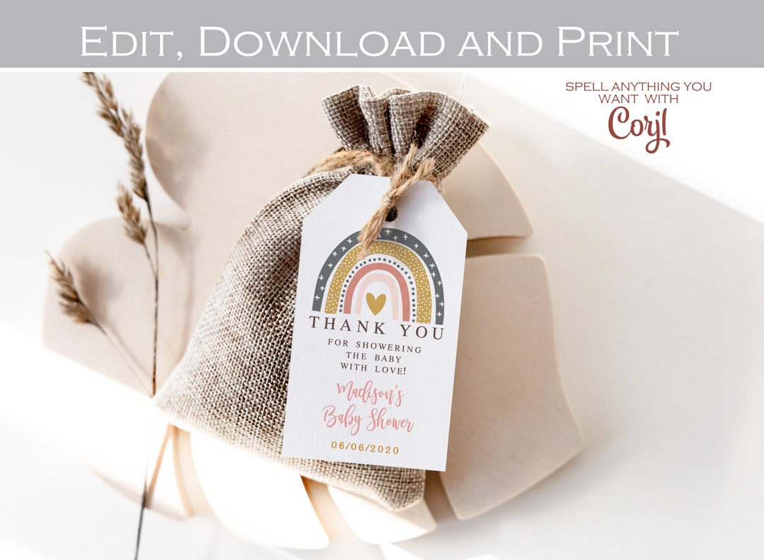 EDITABLE Boho Rainbow Thank You Tag Printable, Baby Shower Favor Tag ...