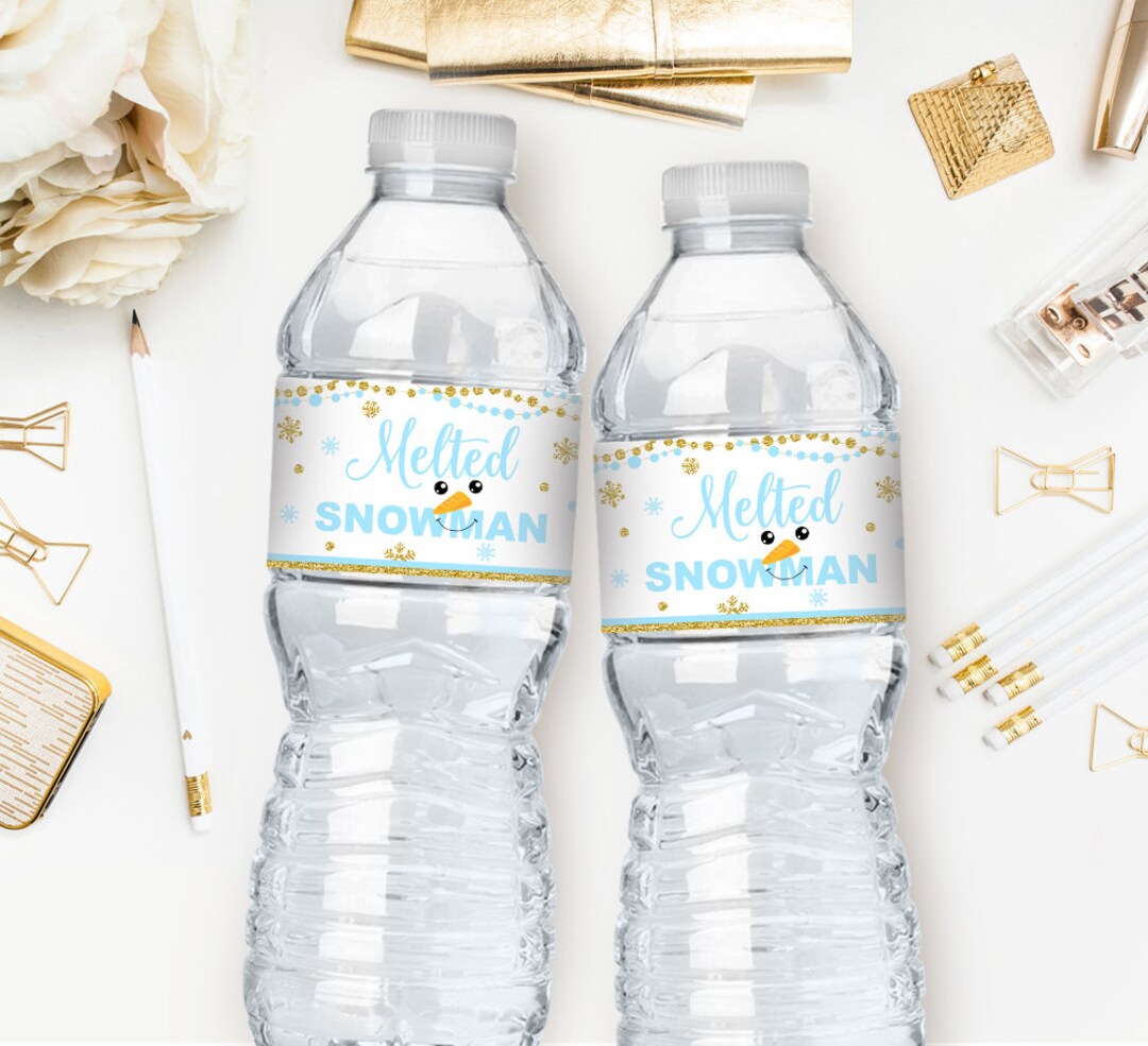 Melted Snowman Water Bottle Labels, Blue and Gold Glitter, Winter ...