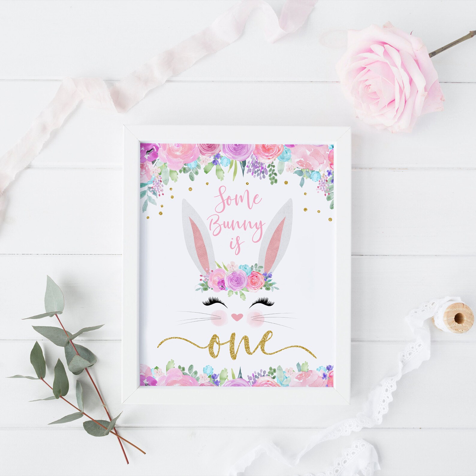Some Bunny is One Sign Printable, Pink and Gold 1st Birthday Sign ...