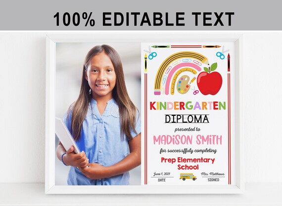 Rainbow EDITABLE Kindergarten Diploma With Photo Printable | Etsy