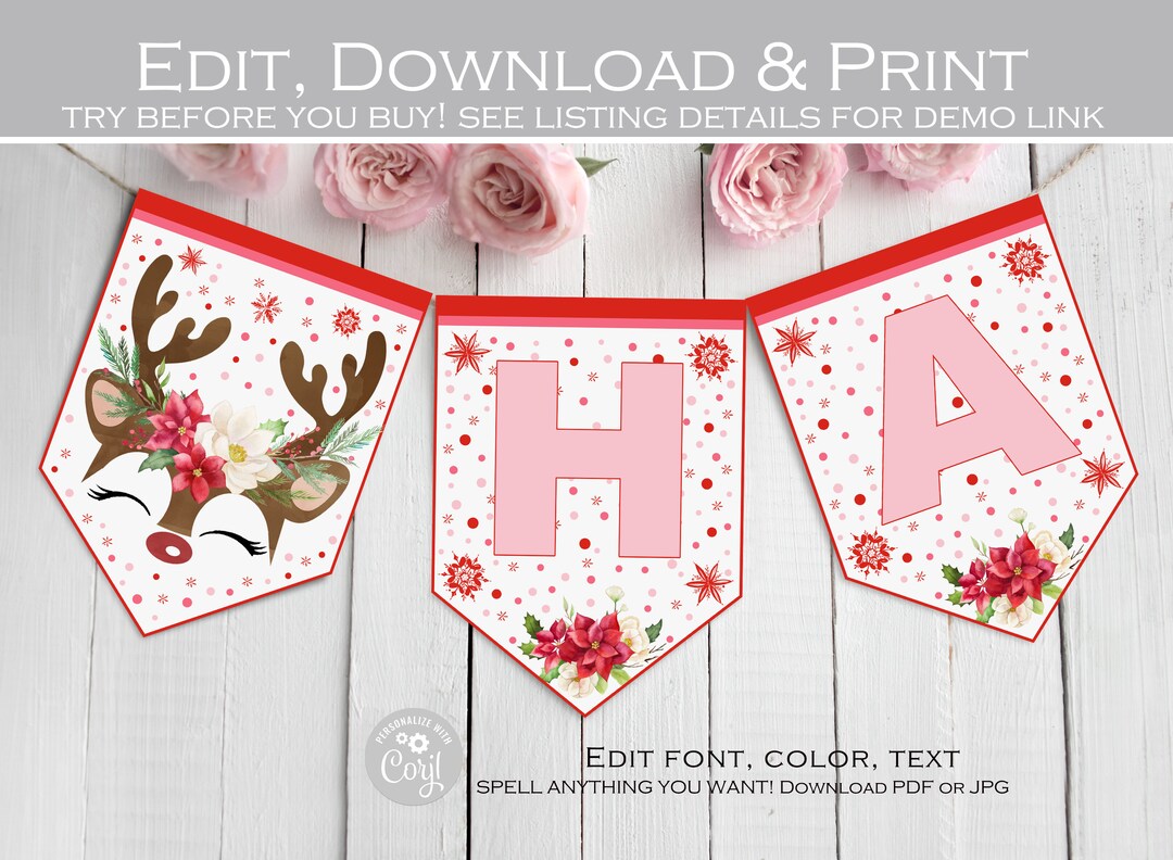 Reindeer Happy Birthday Banner Printable, Girl Deer Birthday Party ...