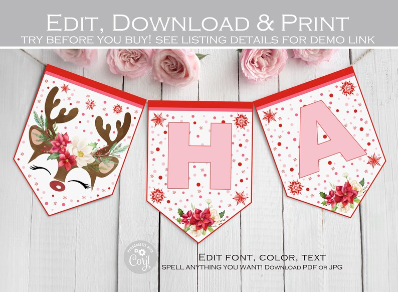 Reindeer Happy Birthday Banner Printable, Girl Deer Birthday Party ...