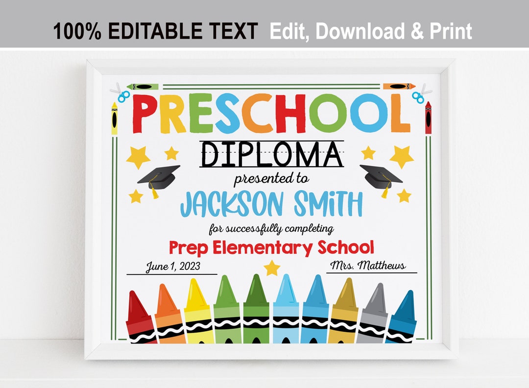 ANY GRADE EDITABLE Preschool Diploma Printable Personalized - Etsy