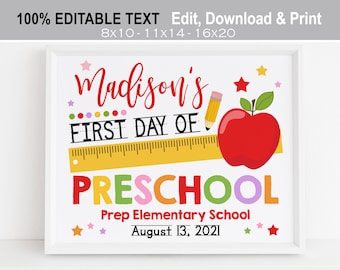 EDITABLE Rainbow First Day of School Printable Sign Girl Back | Etsy