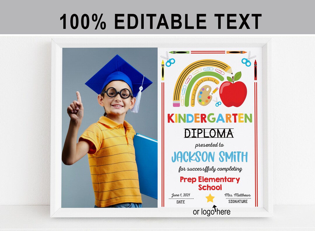 EDITABLE Kindergarten Diploma With Photo Printable Rainbow - Etsy