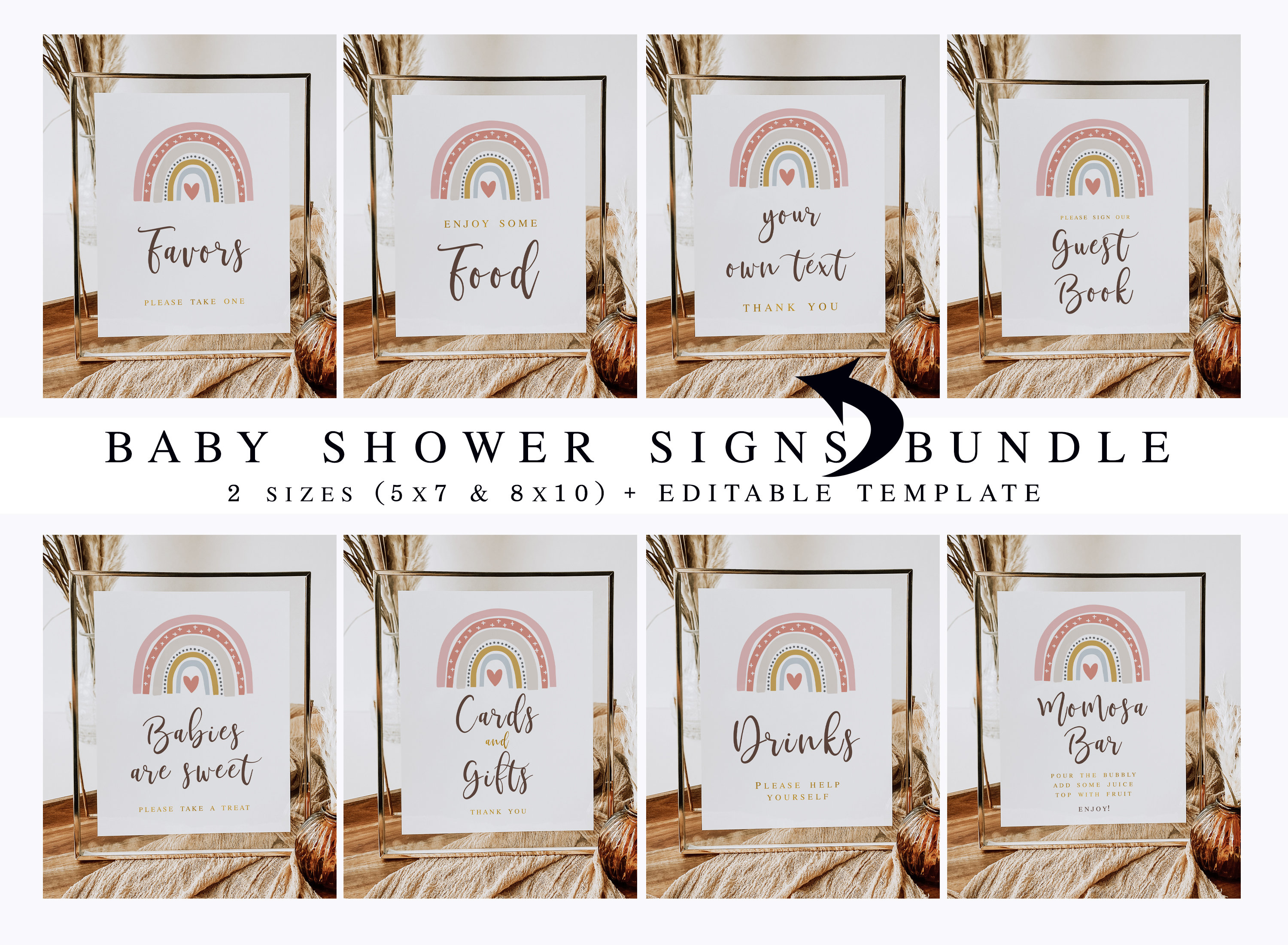 Boho Rainbow Baby Shower Signs Bundle, Bohemian Signage Kit, Editable ...