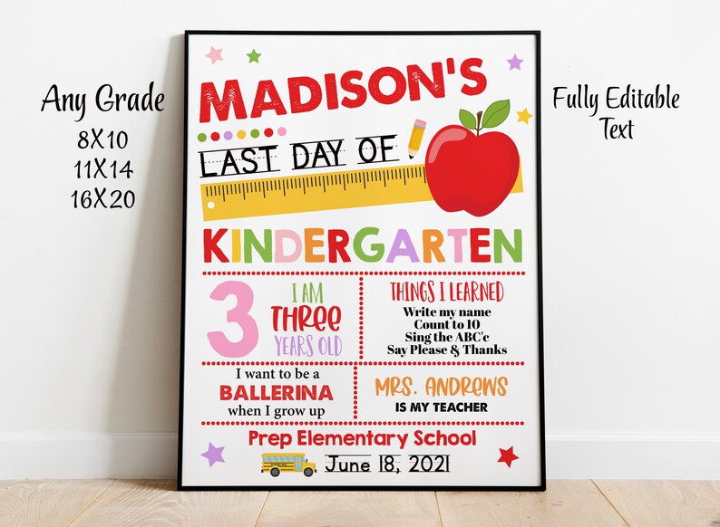 ANY GRADE Editable Last Day of Kindergarten Sign Printable ...