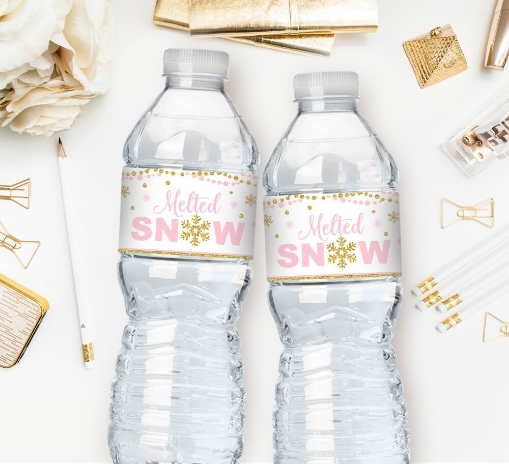 Melted Snow Water Bottle Labels, Pink and Gold Glitter, Winter ...