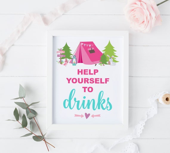 Help Yourself to Drinks Sign Printable Girl Camping Birthday | Etsy