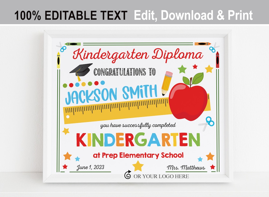 EDITABLE Kindergarten Graduation Diploma Printable, Personalized Kids ...