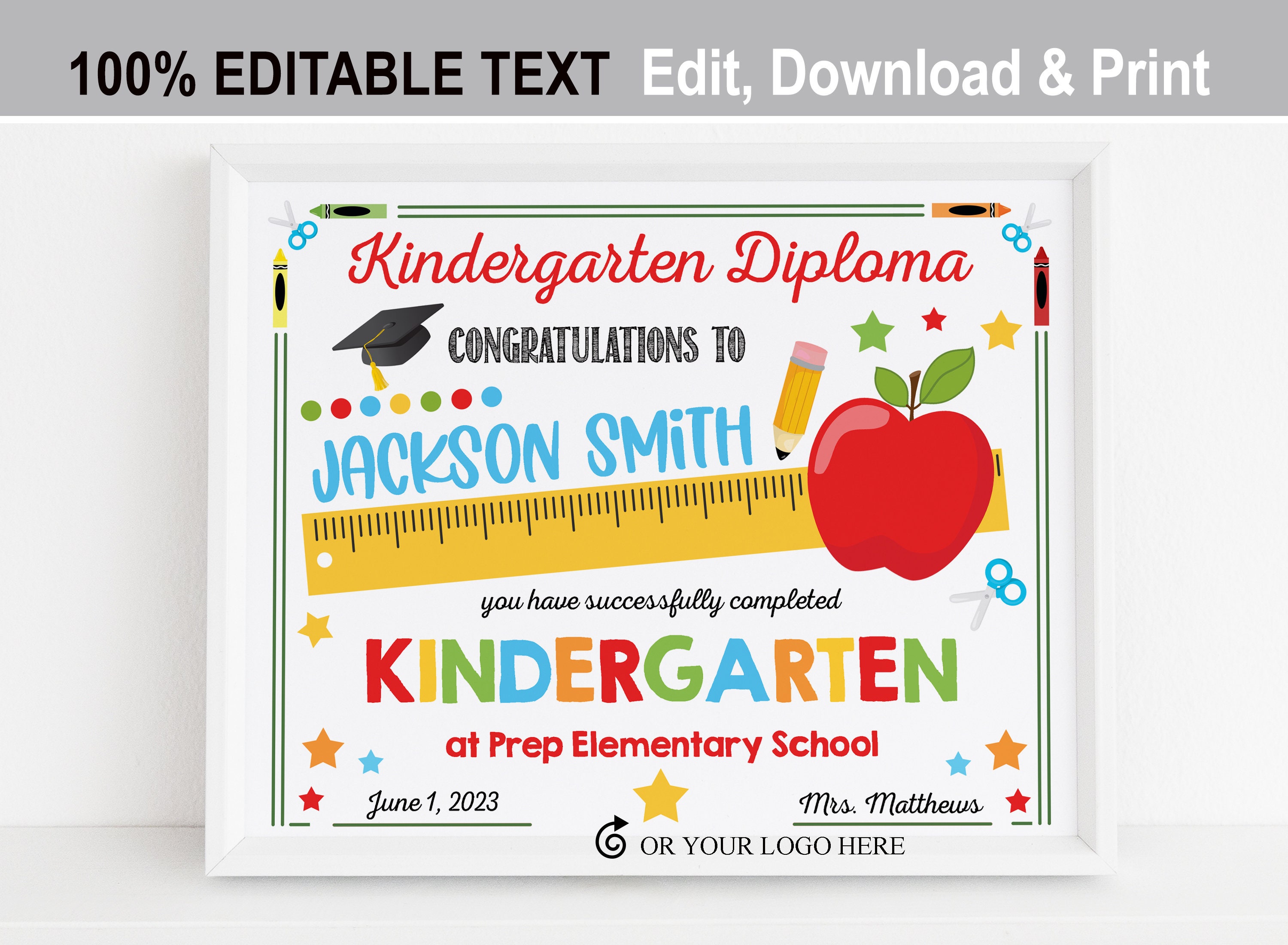 EDITABLE Kindergarten Graduation Diploma Printable, Personalized Kids ...