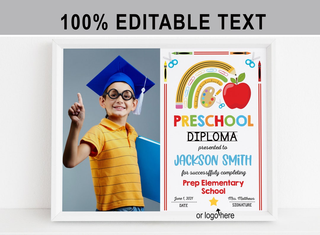 EDITABLE Preschool Diploma With Photo, Rainbow Personalized ...