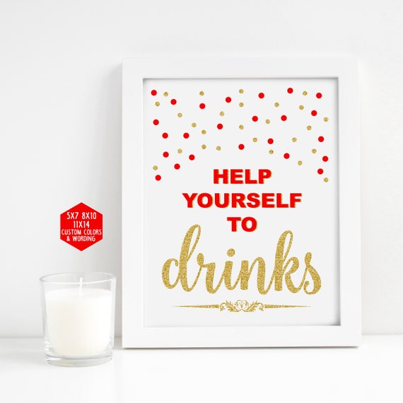 Help Yourself to Drinks Sign Printable Red and Gold Polka | Etsy
