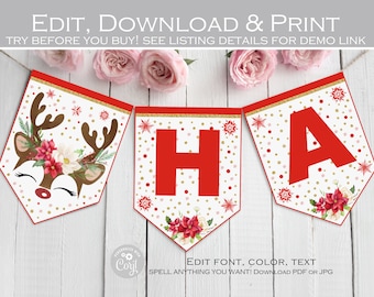 Reindeer Happy Birthday Banner Printable Girl Deer Birthday | Etsy