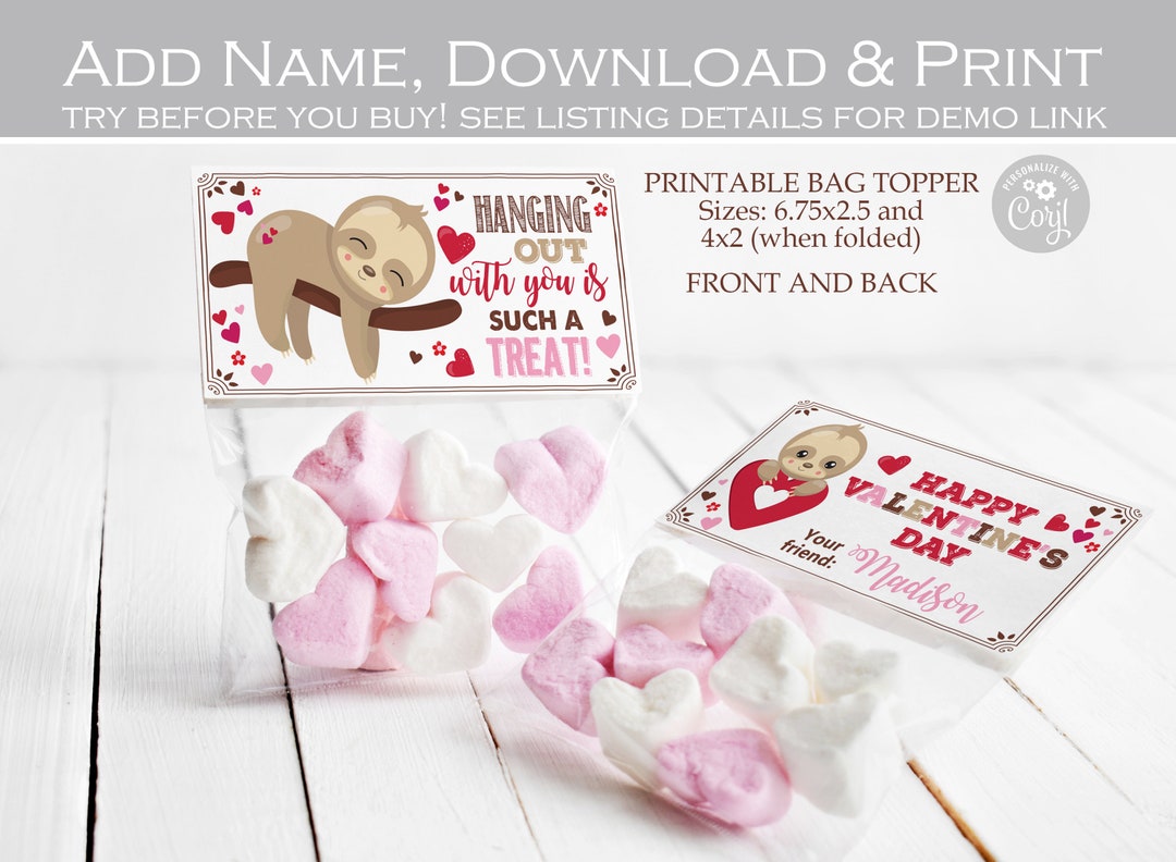 Sloth Valentines Day Treat Bag Toppers Printable, Valentines for Kids ...