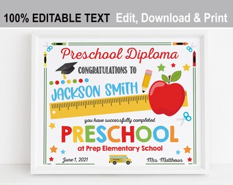 EDITABLE Preschool Graduation Diploma Printable Boy | Etsy
