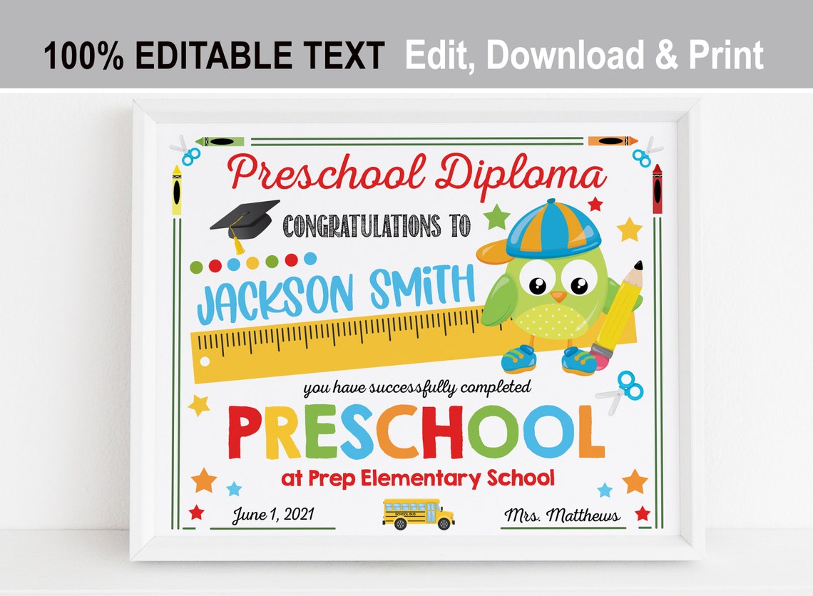 EDITABLE Preschool Diploma Printable Boy Personalized - Etsy