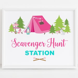 Scavenger Hunt Station Sign Printable, Girl Camping Birthday Party ...