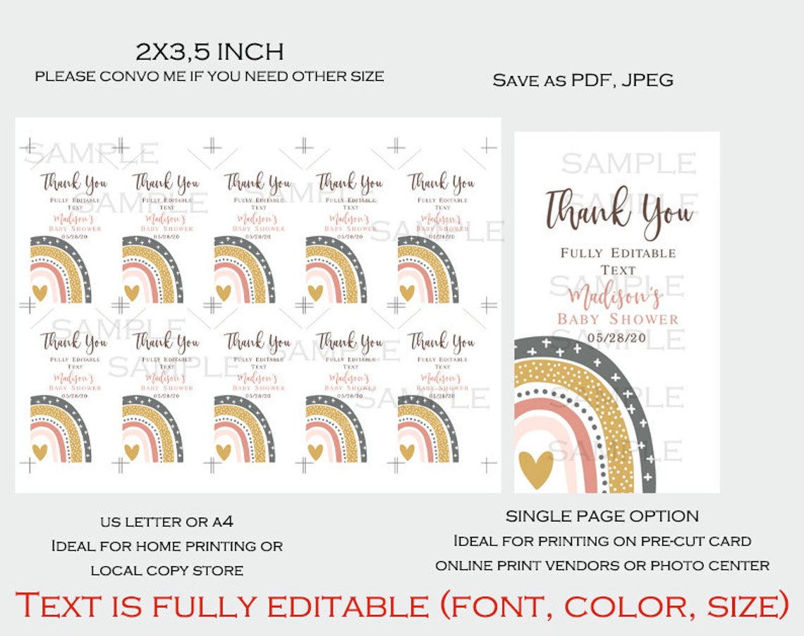 EDITABLE Boho Rainbow Thank You Tag Printable, Baby Shower Favor Tag ...
