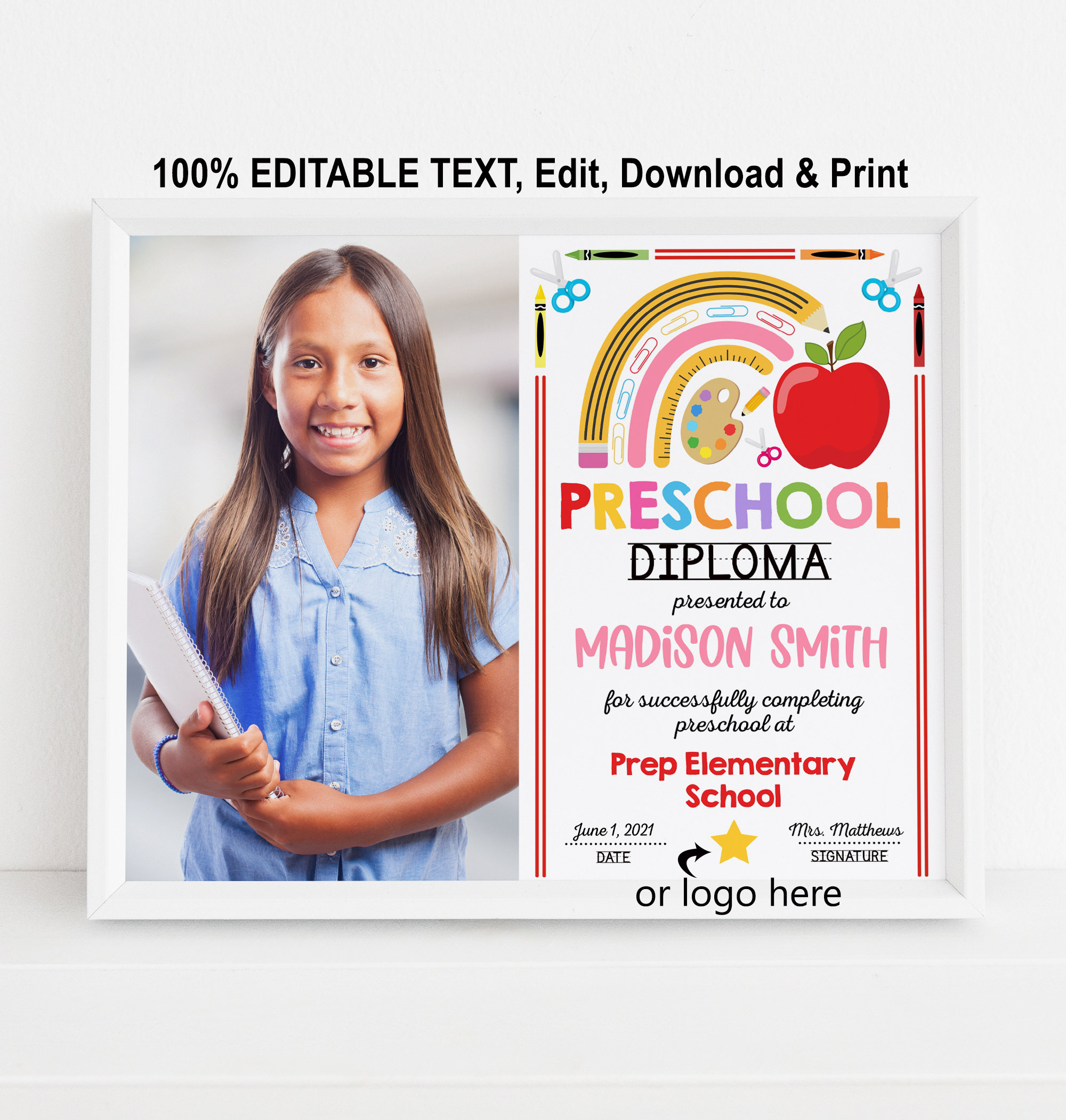 EDITABLE Preschool Diploma With Photo, Girl Personalized Kindergarten ...