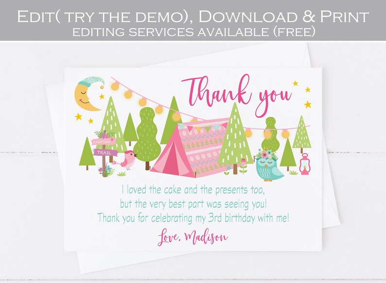 Editable Glamping Thank You Card Girl Camping Thank You Note - Etsy
