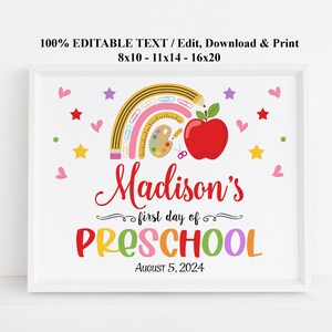 Editable Rainbow First Day of School Printable Sign Girl Back to School ...