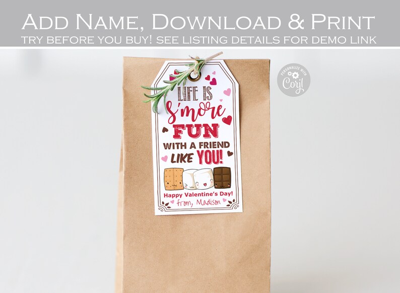 S'mores Valentine's Day Gift Tag Printable, Life is S'more Fun With a ...