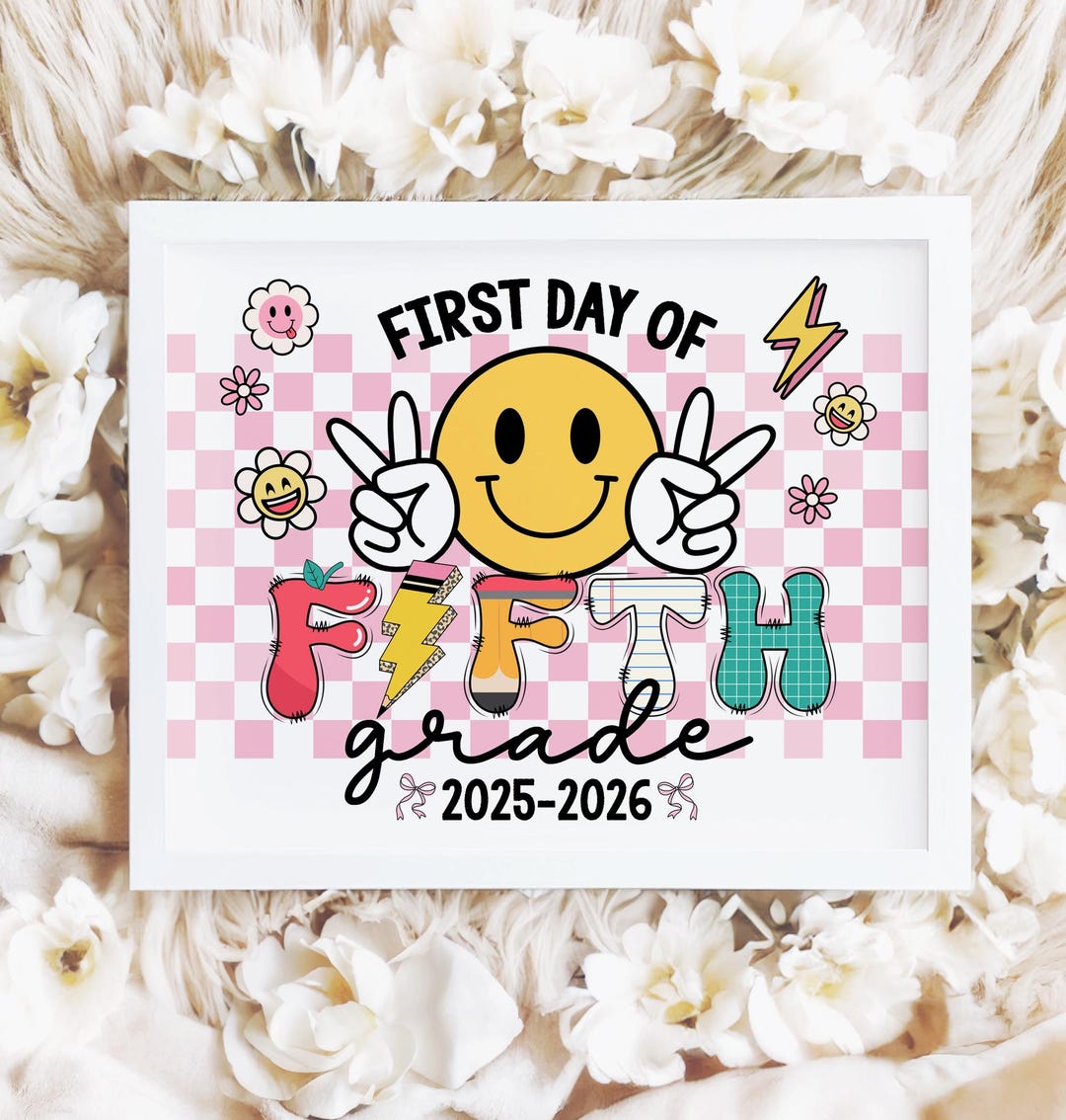 First Day of 5th Grade Sign Printable, Retro Groovy Smiley, Girls Back ...