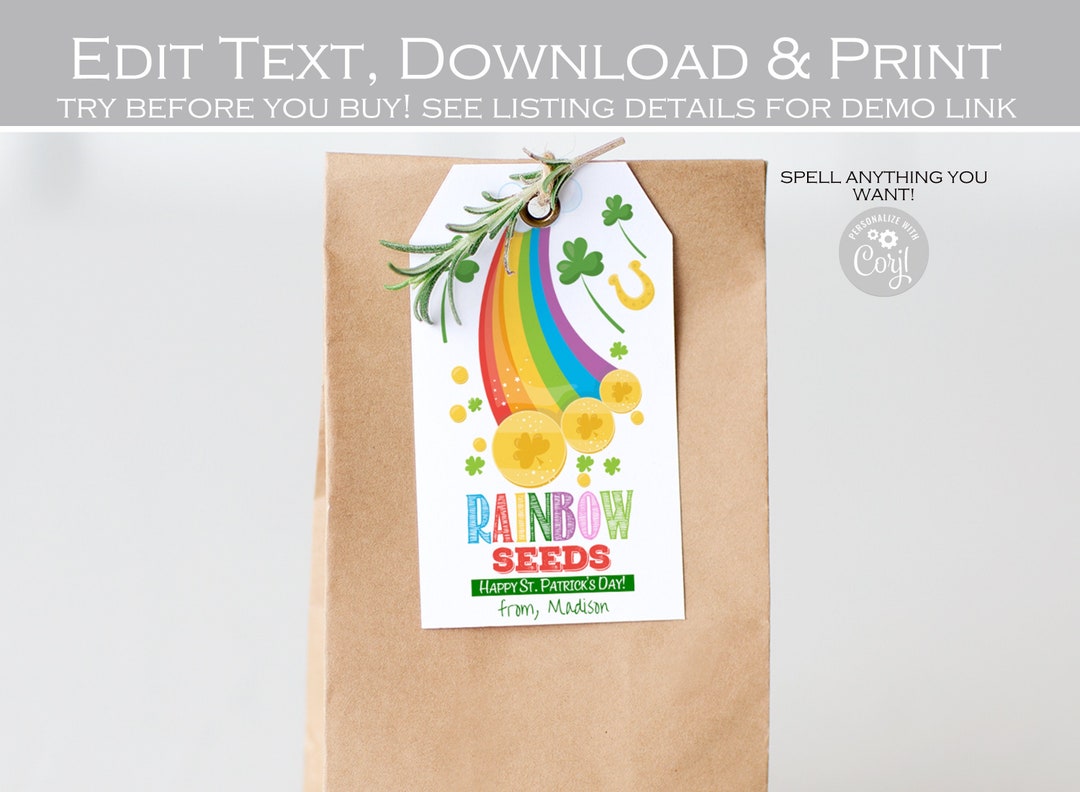 EDITABLE Rainbow Seeds St. Patrick's Day Gift Tag Printable, St. Patty ...