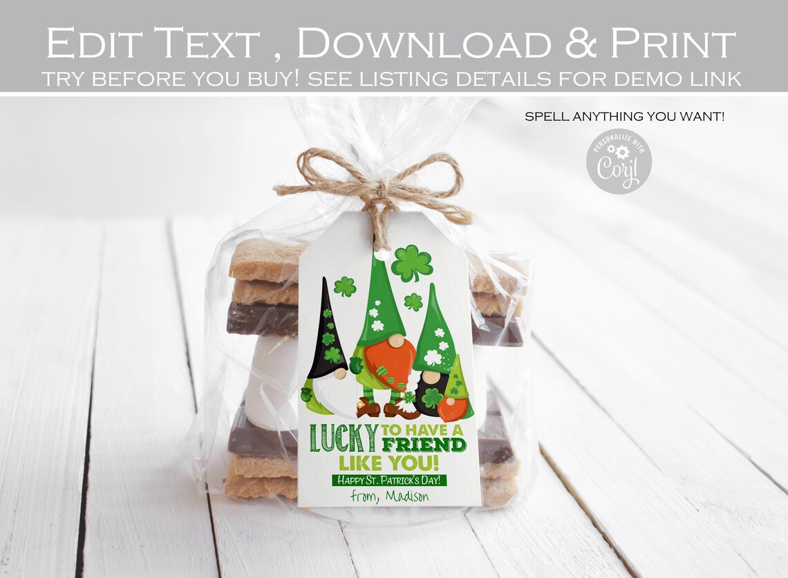 EDITABLE St. Patrick's Day Tag Printable, Gnomes St. Patty's Gift Tags ...