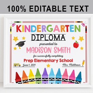 EDITABLE Kindergarten Diploma Printable Personalized Girl | Etsy