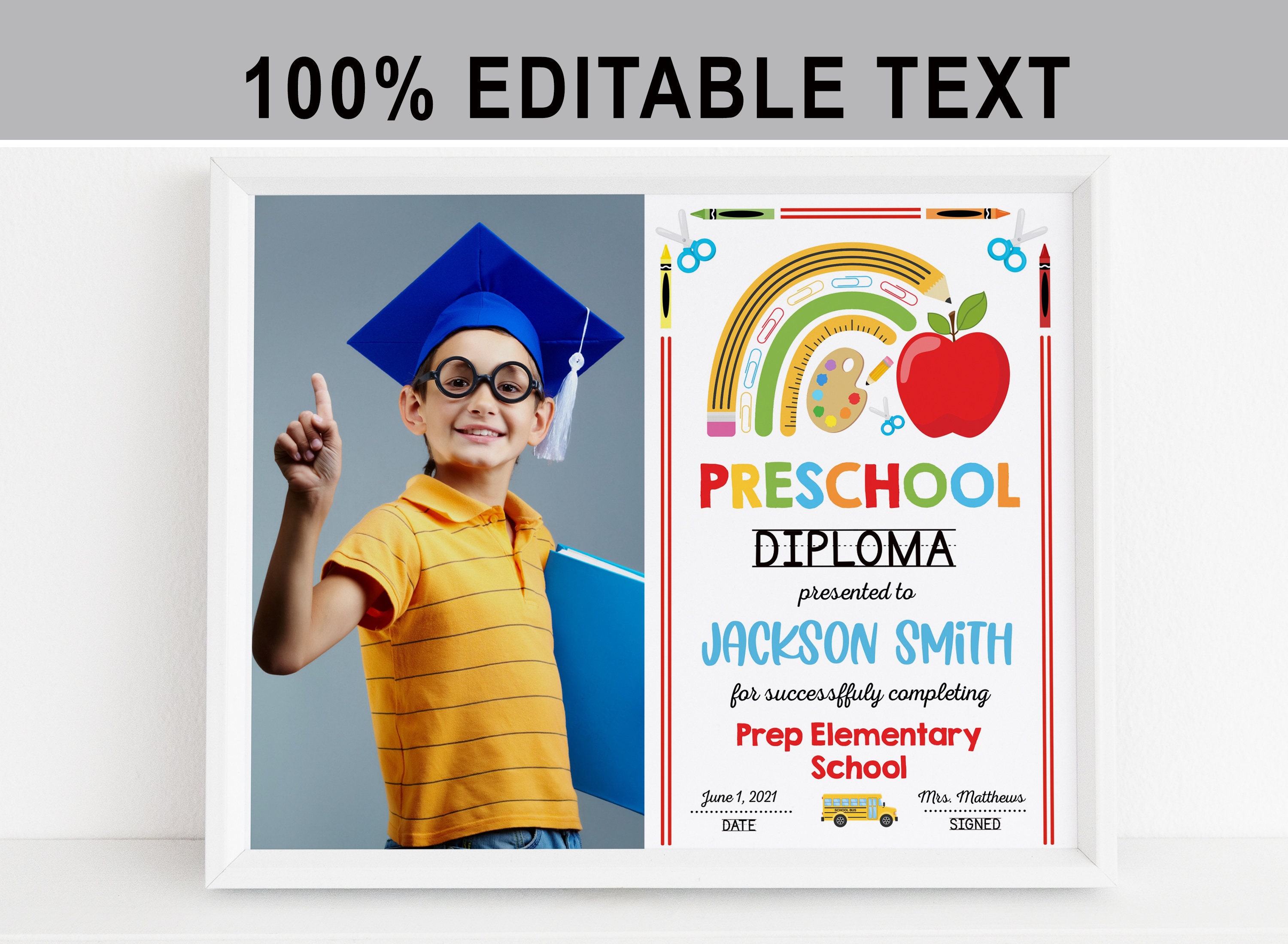 EDITABLE Preschool Diploma With Photo Rainbow Personalized - Etsy