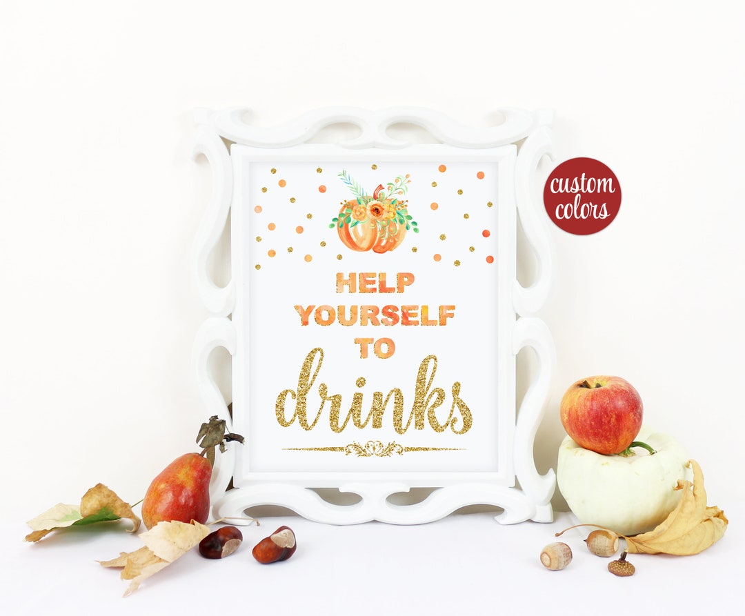 Help Yourself to Drinks Sign Printable, Fall Baby Shower Sign, Orange ...