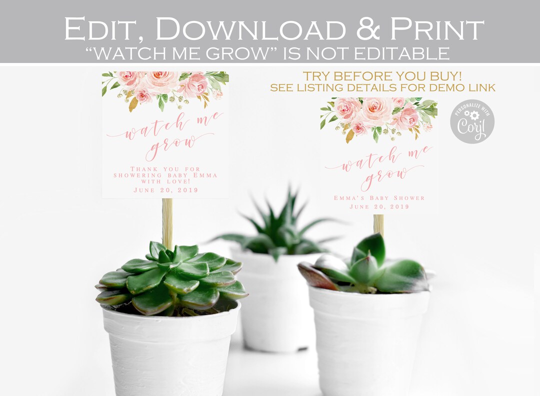 Watch Me Grow Tags Printable, Succulent Favor Tag, Floral Blush Pink ...