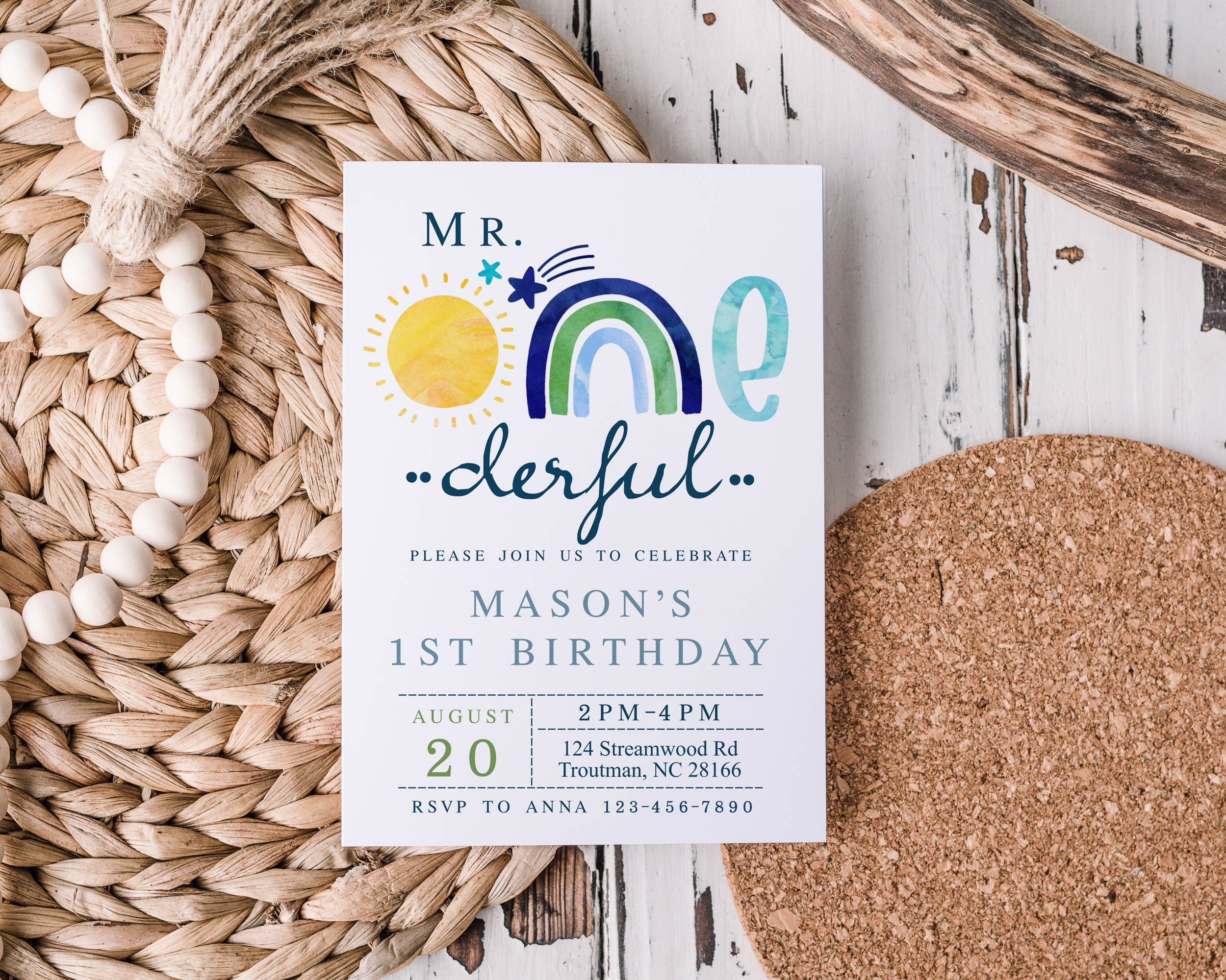 Editable Boho Blue Green Rainbow First Birthday High Chair Banner ...