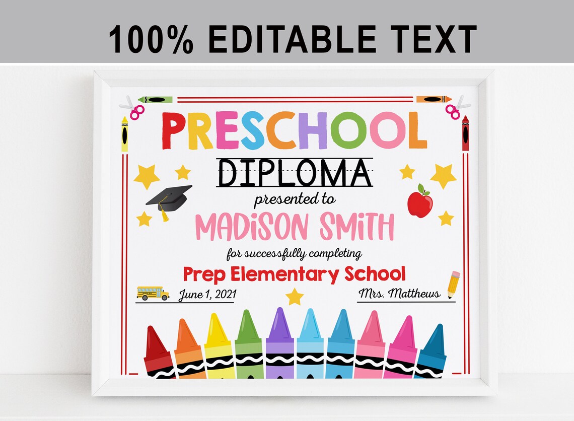 EDITABLE Preschool Diploma Printable Girl Personalized - Etsy
